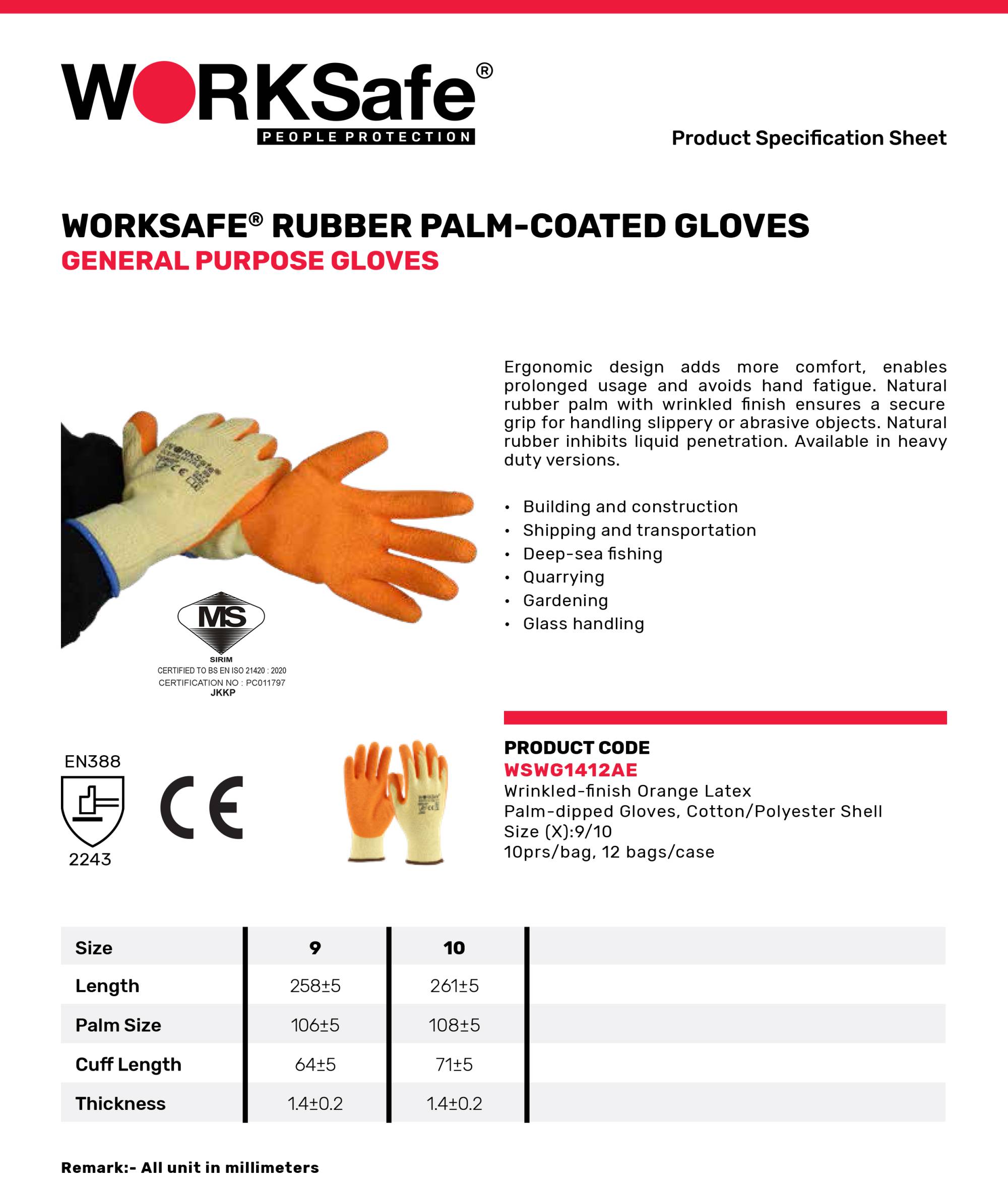 WORKSafe RUBBER PALM-COATED GLOVES-G1412AE
