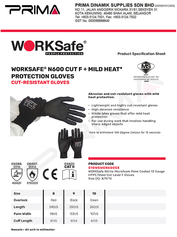 WORKSAFE N600 CUT F - MILD HEAT PROTECTION GLOVES CUT-RESISTANT GLOVES